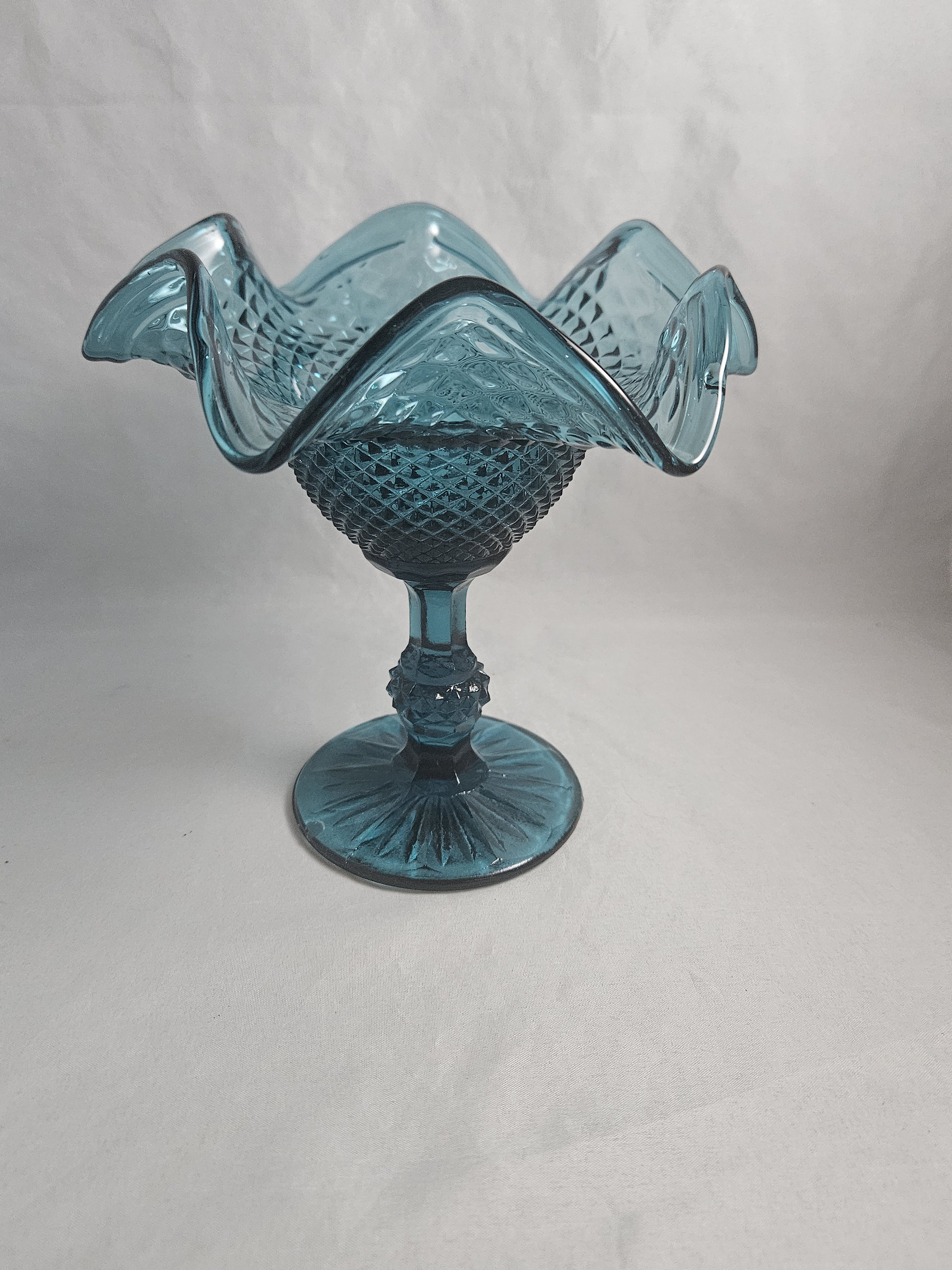 Vintage 1940s Ivima Glass Co Blue Diamond Teal Pedestal Compote Portugal Etsy