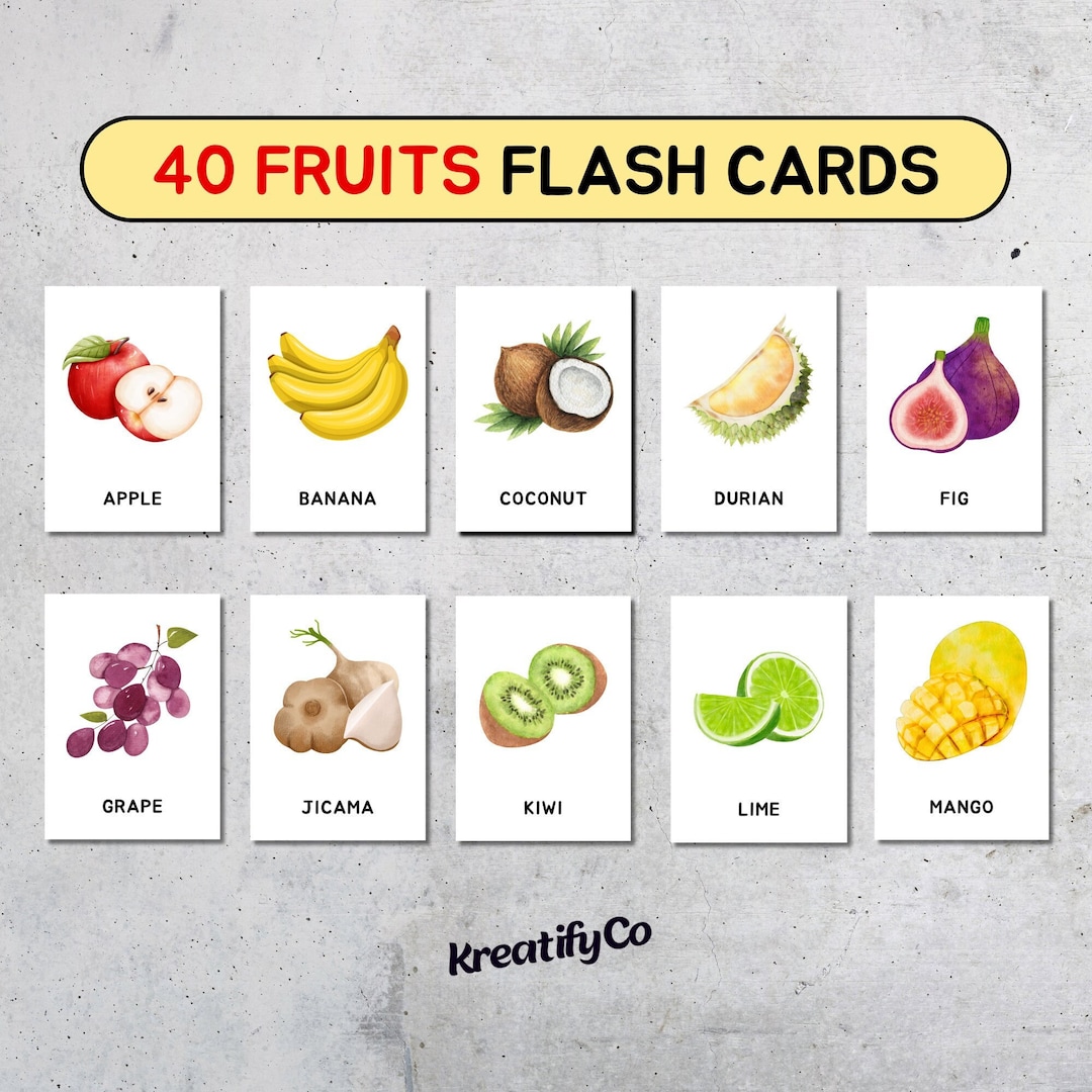 40 Fruits Cards Montessori Flashcards Pre-school Cards Educational ...