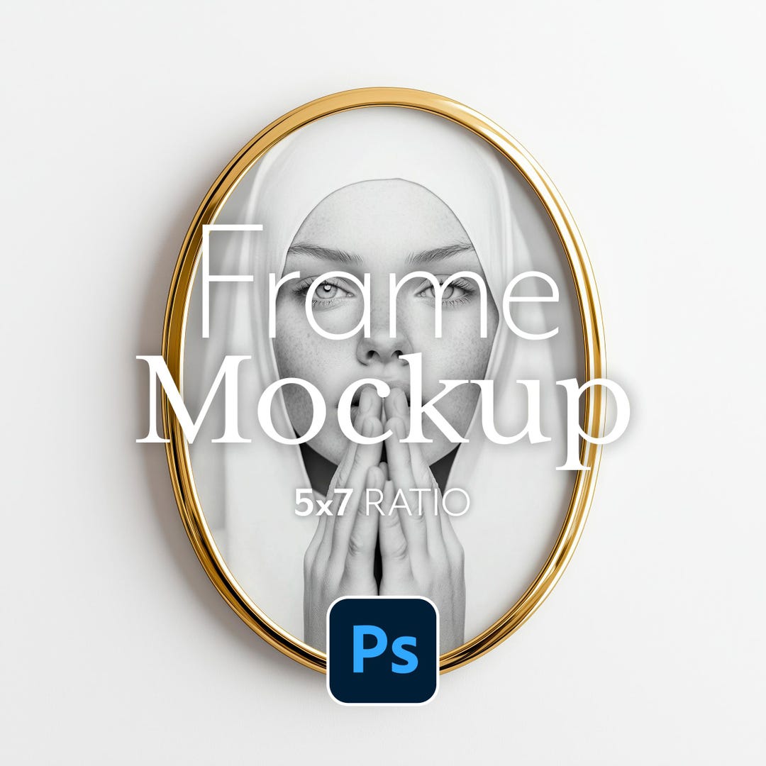 Oval Frame Mockup, Slim Gold Frame on Neutral Wall, Easy PSD + JPG ...