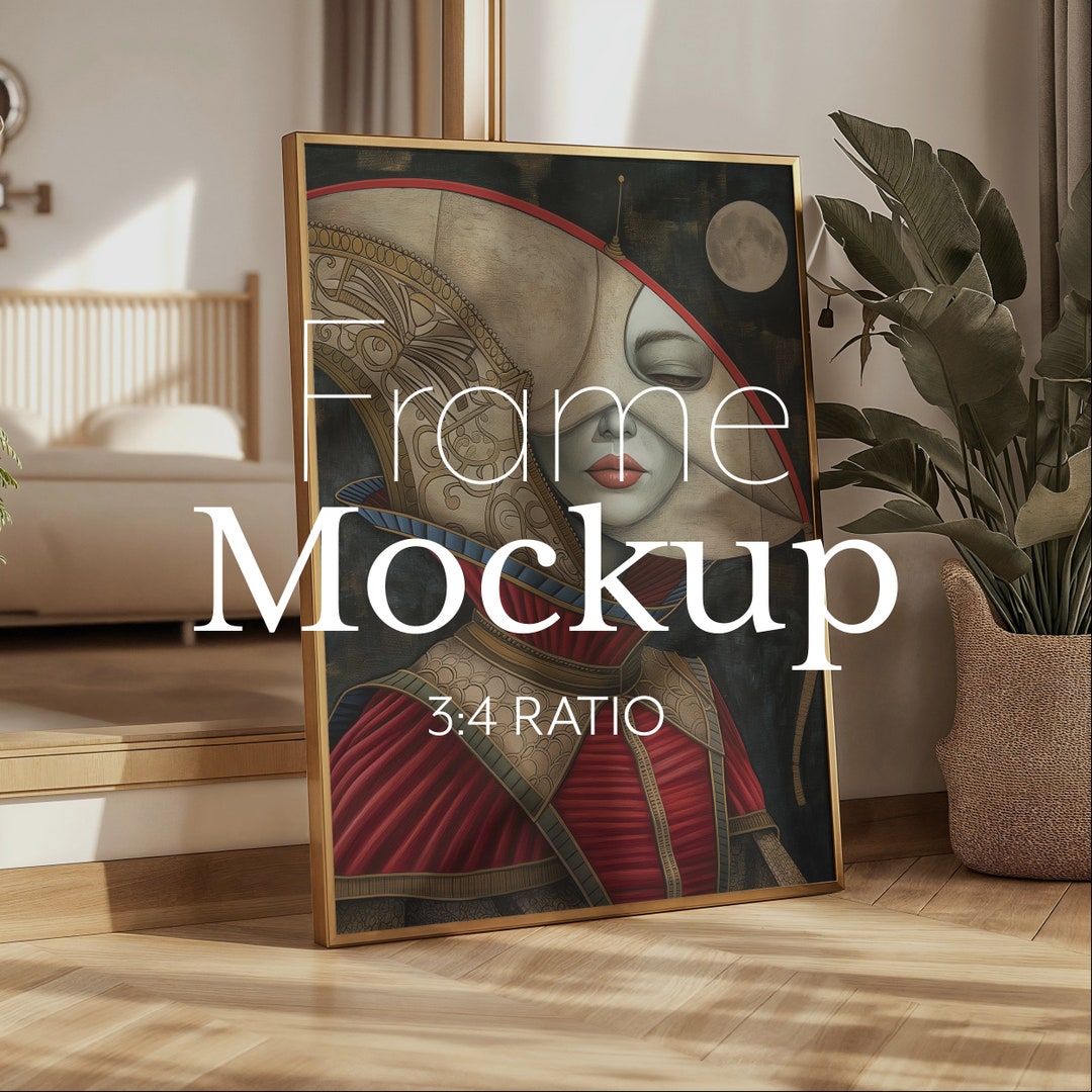 Picture Frame Mockup, Slim Gold Frame on Wooden Floor, 3x4 Wall Art ...