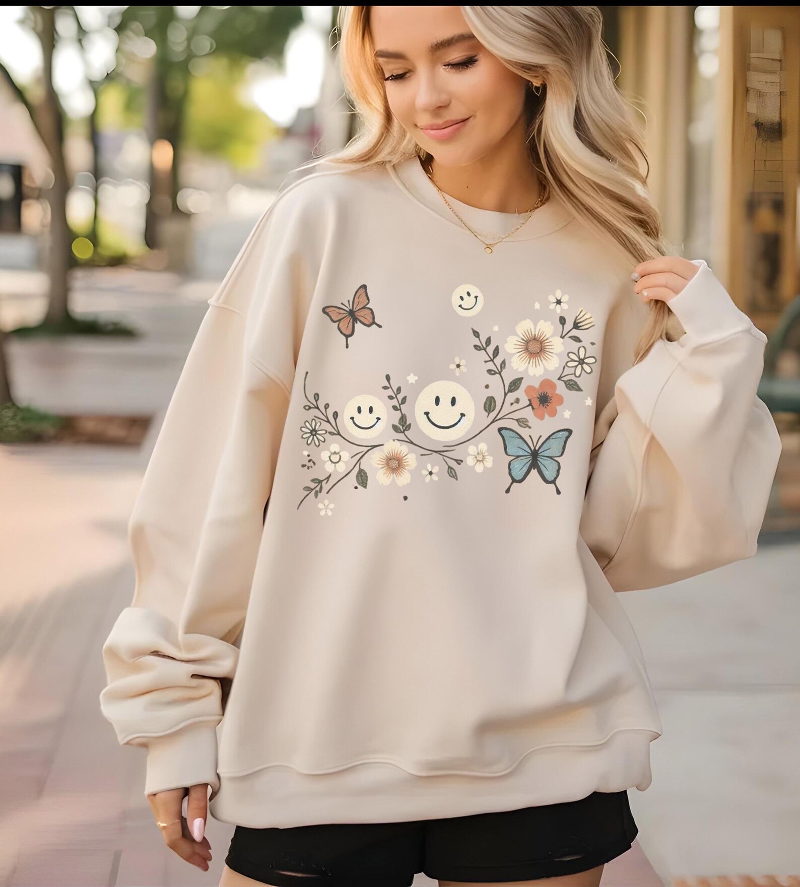 Whimsical Flower Smiley Face Crewneck Cozy Stylish Sweatshirt Great ...
