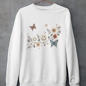 Whimsical Flower Smiley Face Crewneck Cozy Stylish Sweatshirt Great ...
