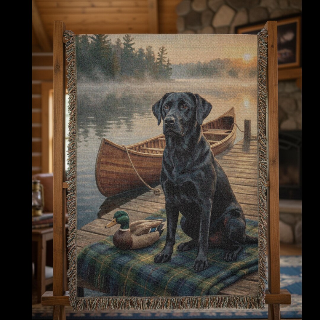 Black Lab by the Dock – Labrador Retrievers Woven Cotton Heritage ...