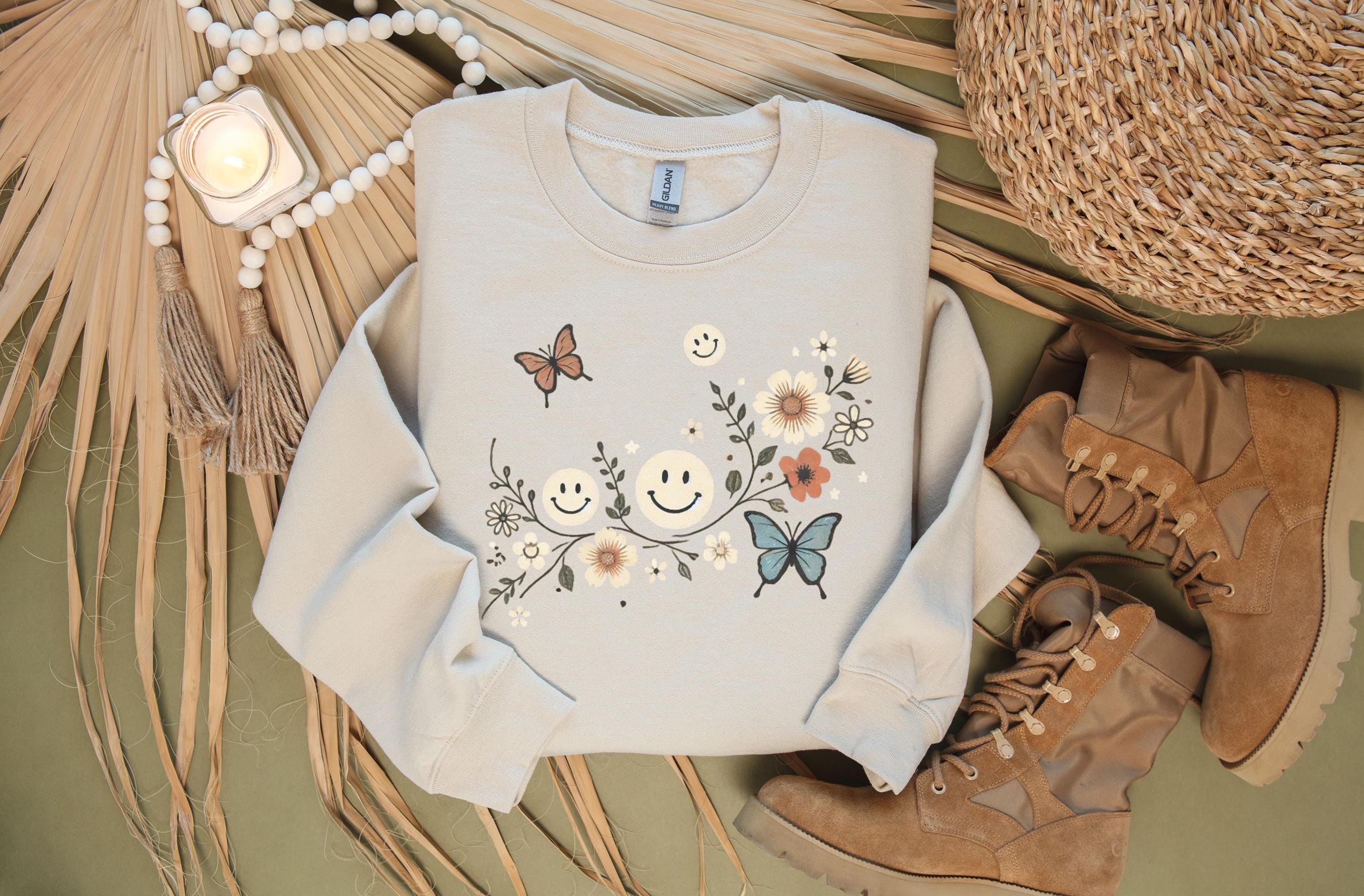 Whimsical Flower Smiley Face Crewneck Cozy Stylish Sweatshirt Great ...