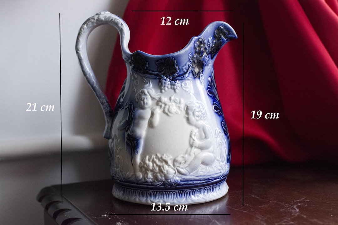 Vintage Staffordshire Victorian, Flow Blue Pitcher, High Relief Cherubs ...