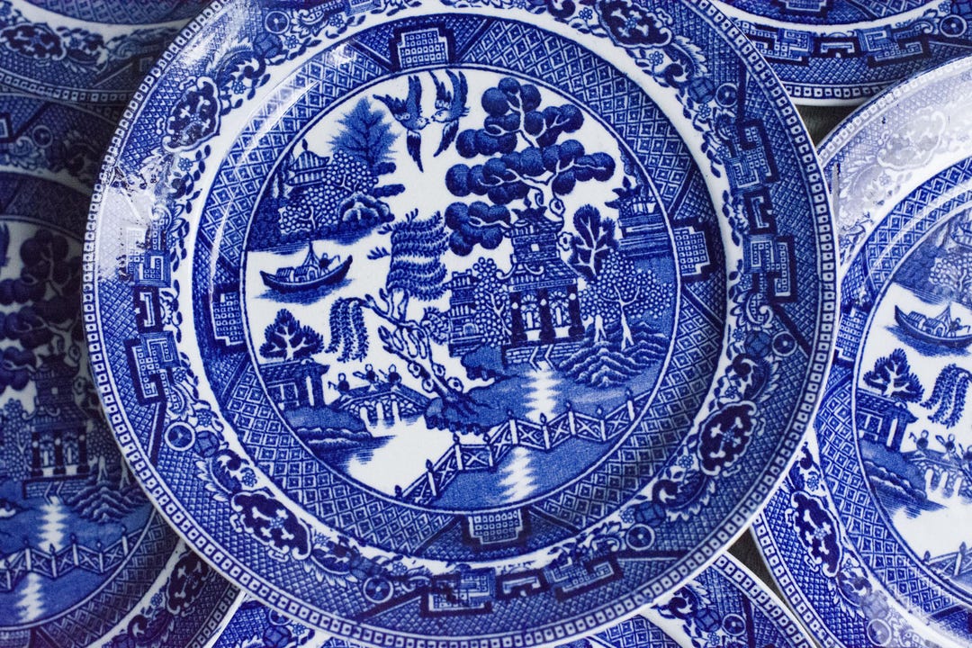 Vintage Set 6 X 20.5cm Dinner Side Plates, Blue Willow Midwinter ...