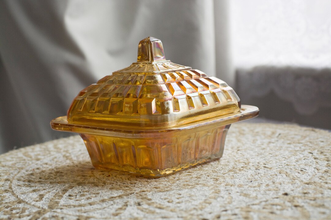 Art Deco Carnival Glass Marigold Butter / Cheese Dish Diamond Shape ...