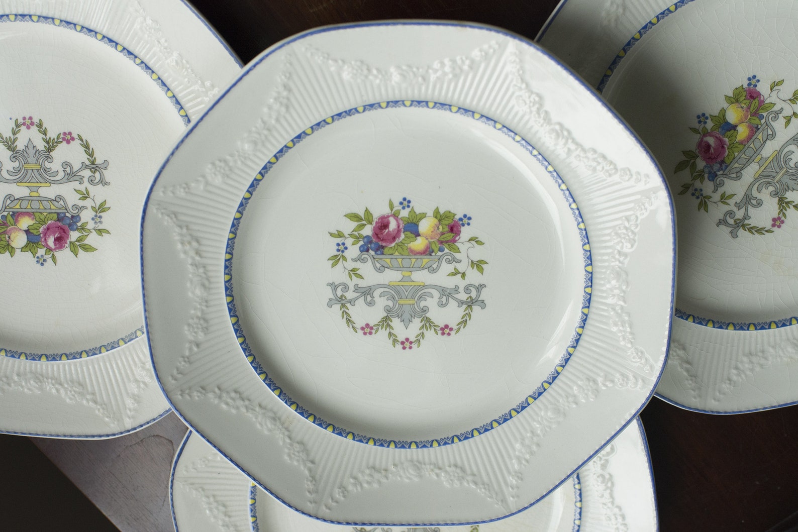 Set of 4 Plates, 9", Vintage Alfred Meakin, Flower Fruit Basket ...