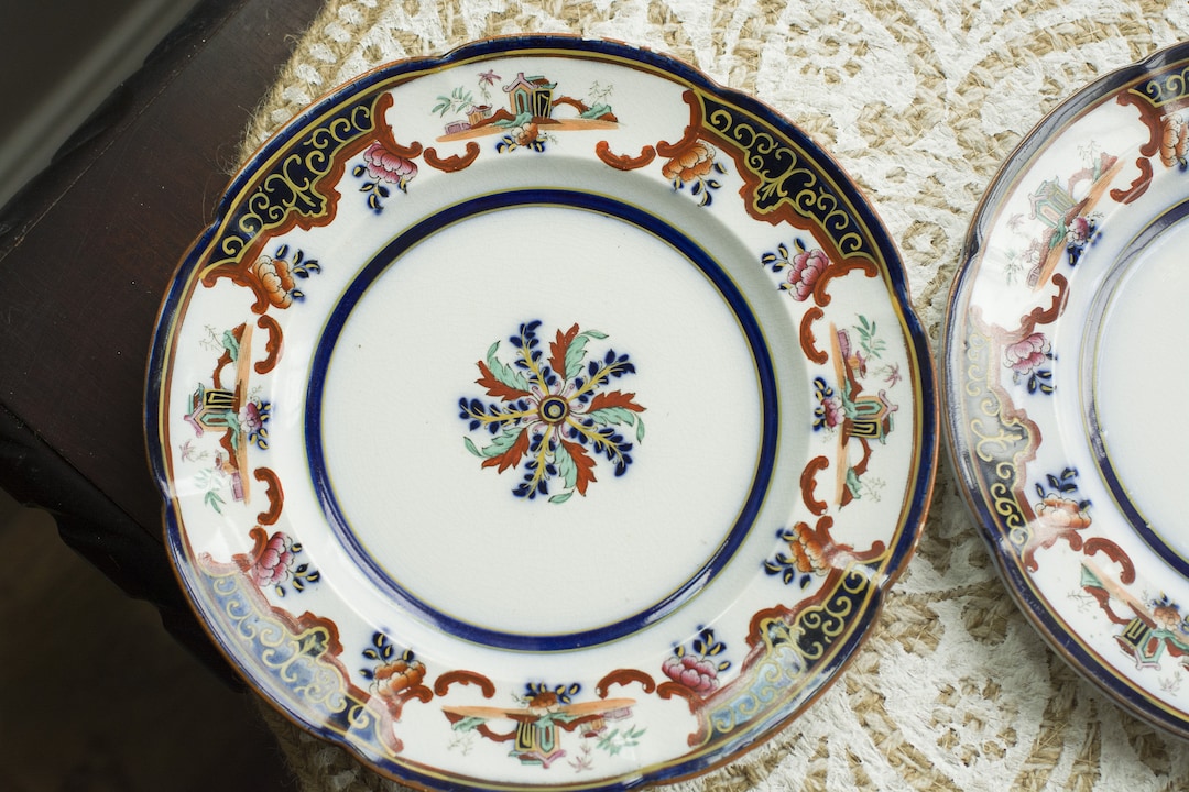 8" Set of 2 Antique John Ridgway Pattern 6/29 Chinoiserie Style Flow ...