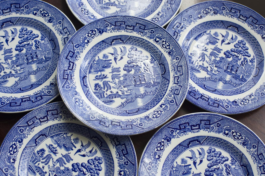 18cm (7") Set of 6 Side Plates Vintage Old Willow British Plates, Made ...