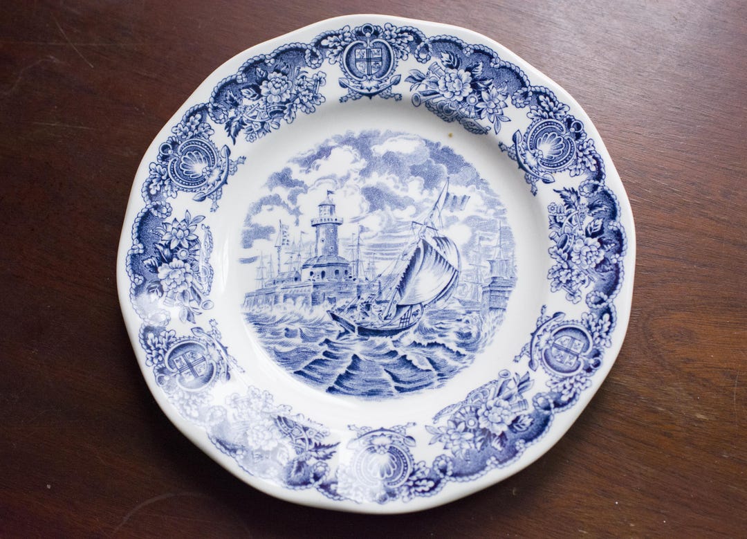 19.5 Cm, Side Plate, White and Blue Plate, Historical Ports of England ...