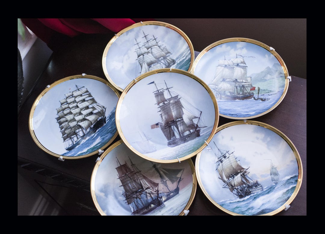 22.5 Cm (9") Set of 6 Wall Plates, Plates With Ships, the Great Ships ...