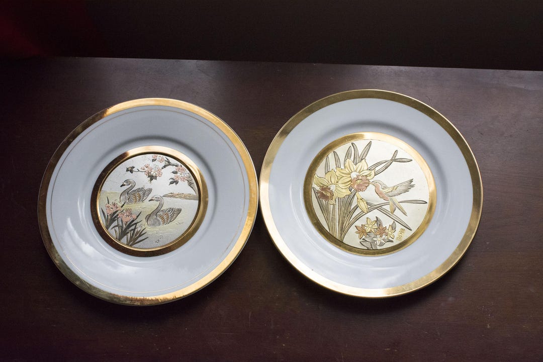 2 X Wall Plates - the Art of Chokin Hummingbird Plate and Swans, 24 K ...