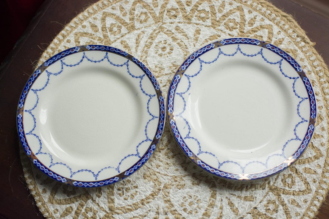 17.5 Cm (7") Set of 2 Side Plates, ANTIQUE Henry Alcock, Cobalt Band ...