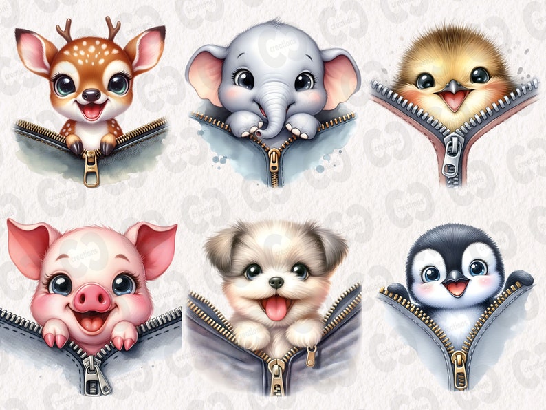 Cute Zipper Animals Clipart, Watercolor Baby Animals Graphics in PNG ...