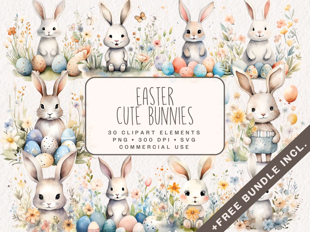 Cute Easter Bunnies Clipart, Watercolor Pastel Easter Rabbit PNG ...