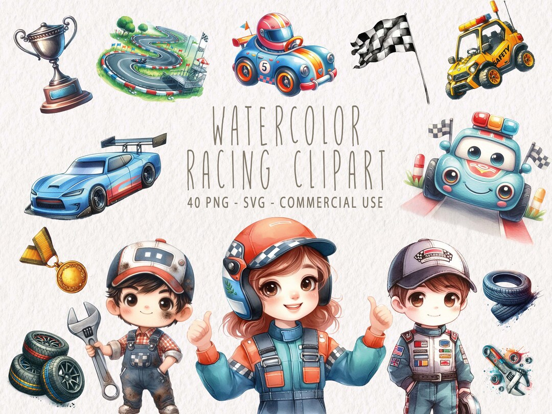 Watercolor Cute Racing Clipart Bundle, Race Car Graphics in PNG and SVG ...