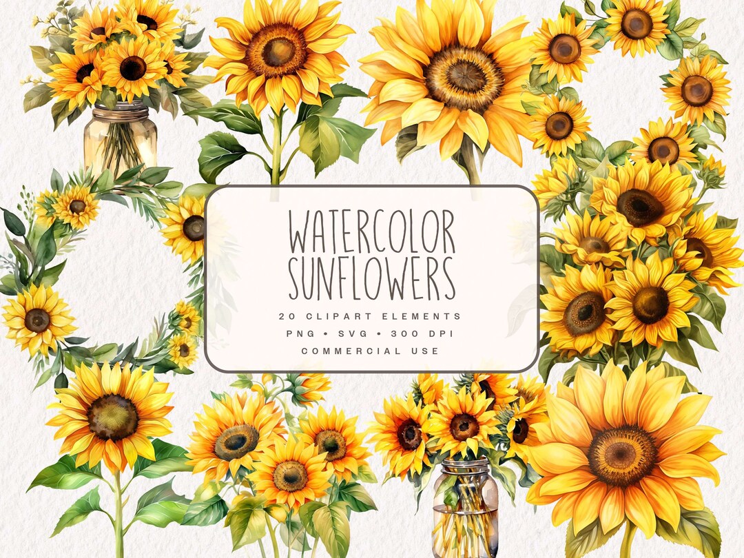 Watercolor Sunflowers Clipart Bundle, Autumn Sunflower Wreaths, Floral ...