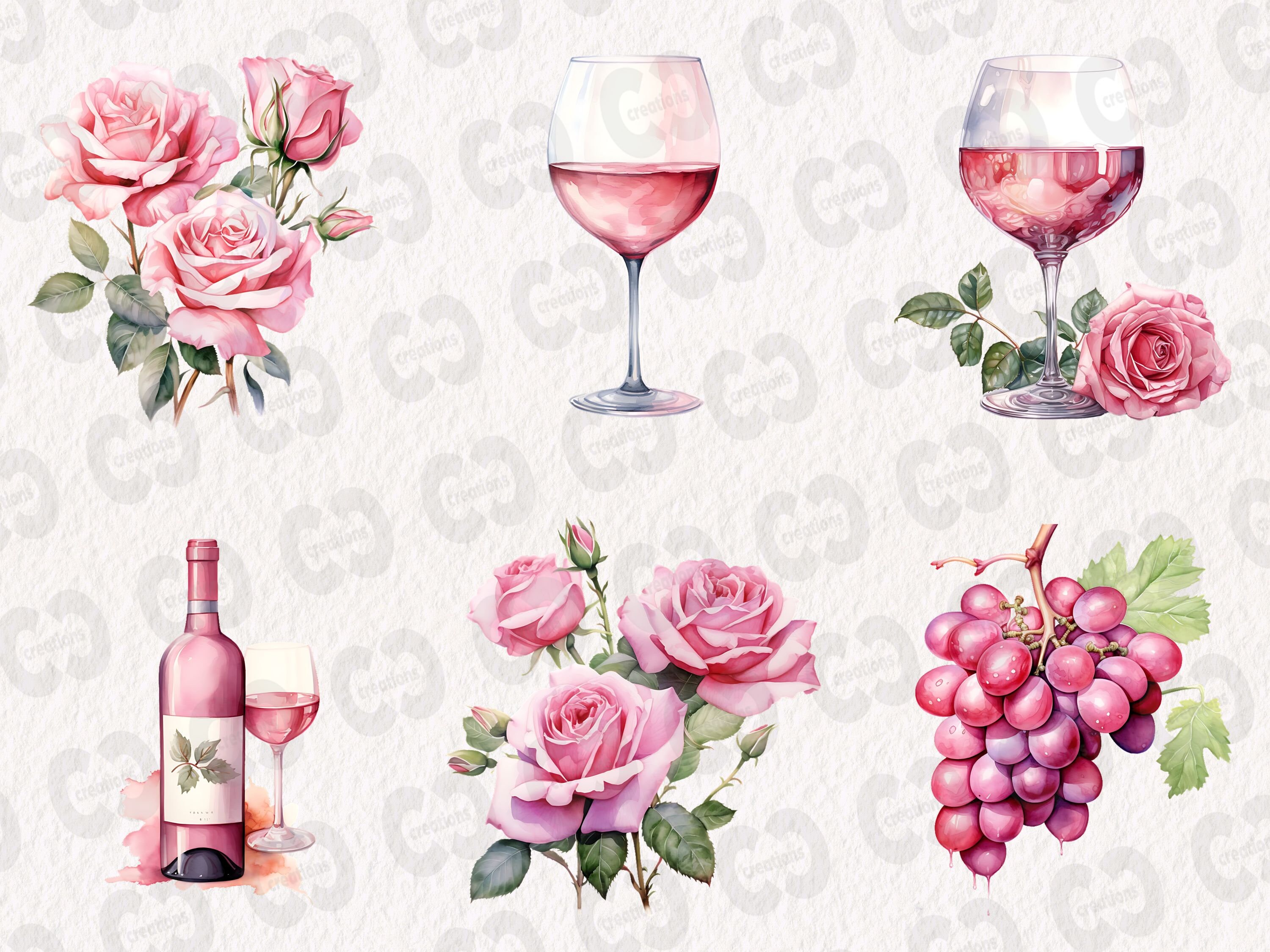 Watercolor Rose Wine Clipart, Pink Wine Graphics, Cute Flower ...