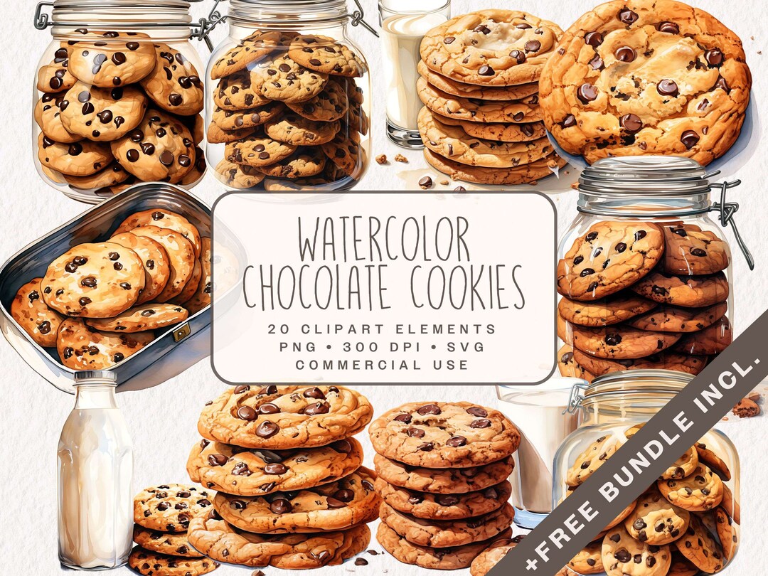 Chocolate Chip Cookies Clipart, Watercolor Food Graphics Bundle in PNG ...