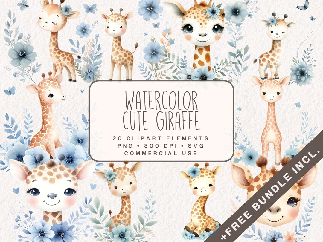 Watercolor Cute Giraffe Clipart Bundle, Flowering Baby Giraffe PNG ...