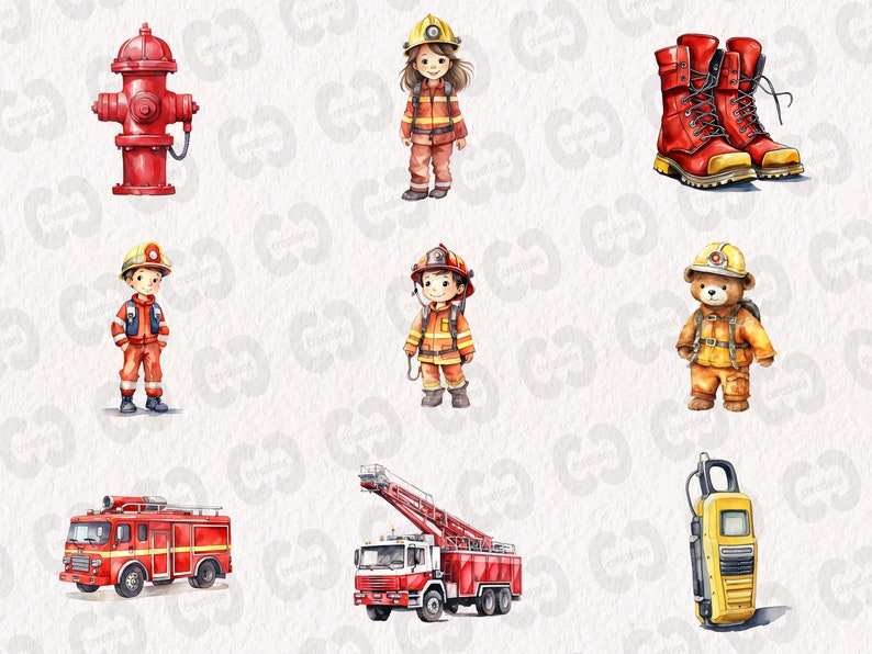 Watercolor Cute Firefighter Clipart Bundle, Fire Department PNG ...