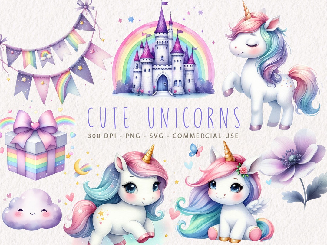 Cute Unicorn Clipart Bundle, Watercolor Unicorns Clip Art, Rainbow ...