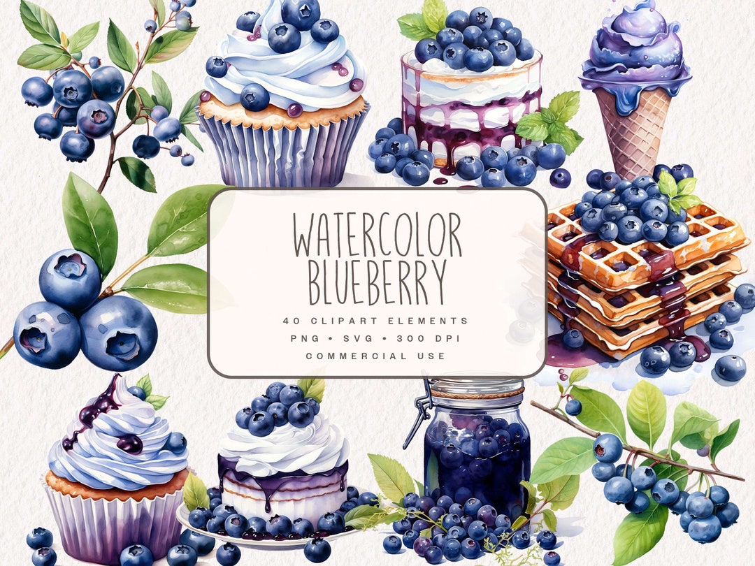 Watercolor Blueberry Clipart Bundle, Cute Food Graphics in PNG and SVG ...