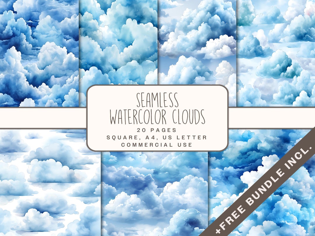 Seamless Watercolor Clouds Digital Paper, Cute Sky Graphics Pattern in ...