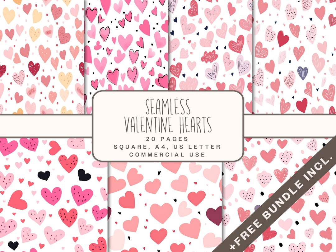 Seamless Boho Valentine Hearts Digital Paper, Cute Romantic Patterns in ...