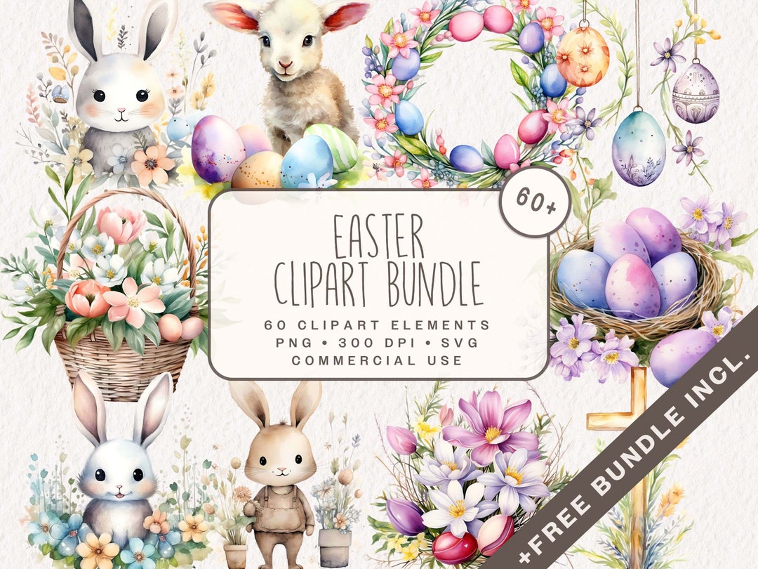 Watercolor Easter Clipart Bundle, PNG & SVG Easter Graphics, Cute Bunny ...