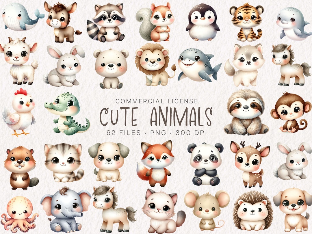 Watercolor Cute Animals Clipart, Cute Animal PNG Bundle, Watercolor ...
