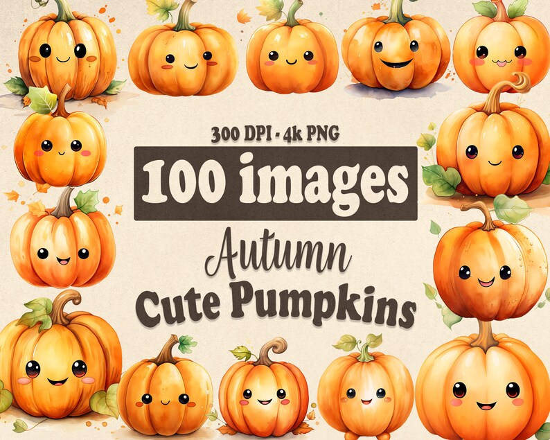 Autumn Cute Pumpkin Clipart Bundle, Watercolor Fall Pumpkin Clip Art ...