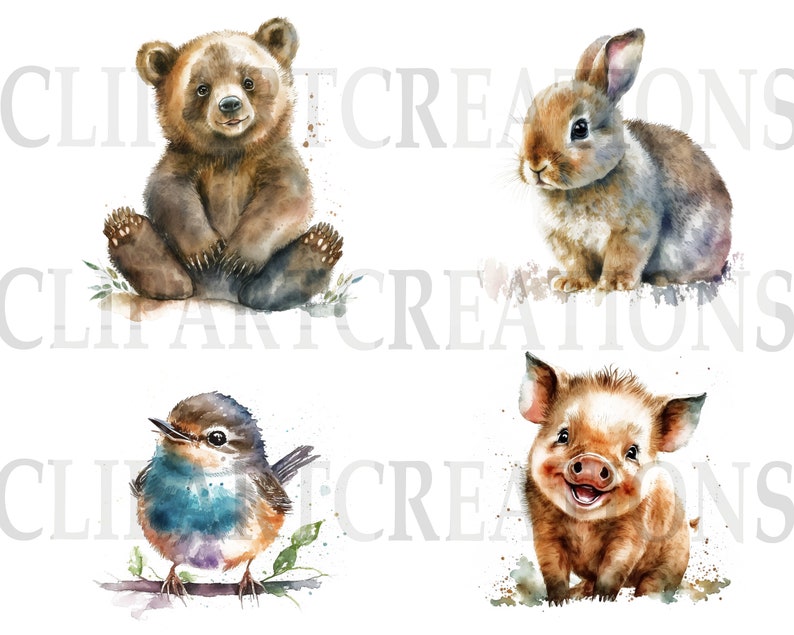 12 Woodland Baby Animals Watercolor Clipart, Forest Baby Animals, Pngs ...
