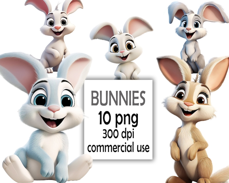 Cute Bunny Clipart PNG, Clip Art Set of 10 Animated Bunnies, Paper Work ...