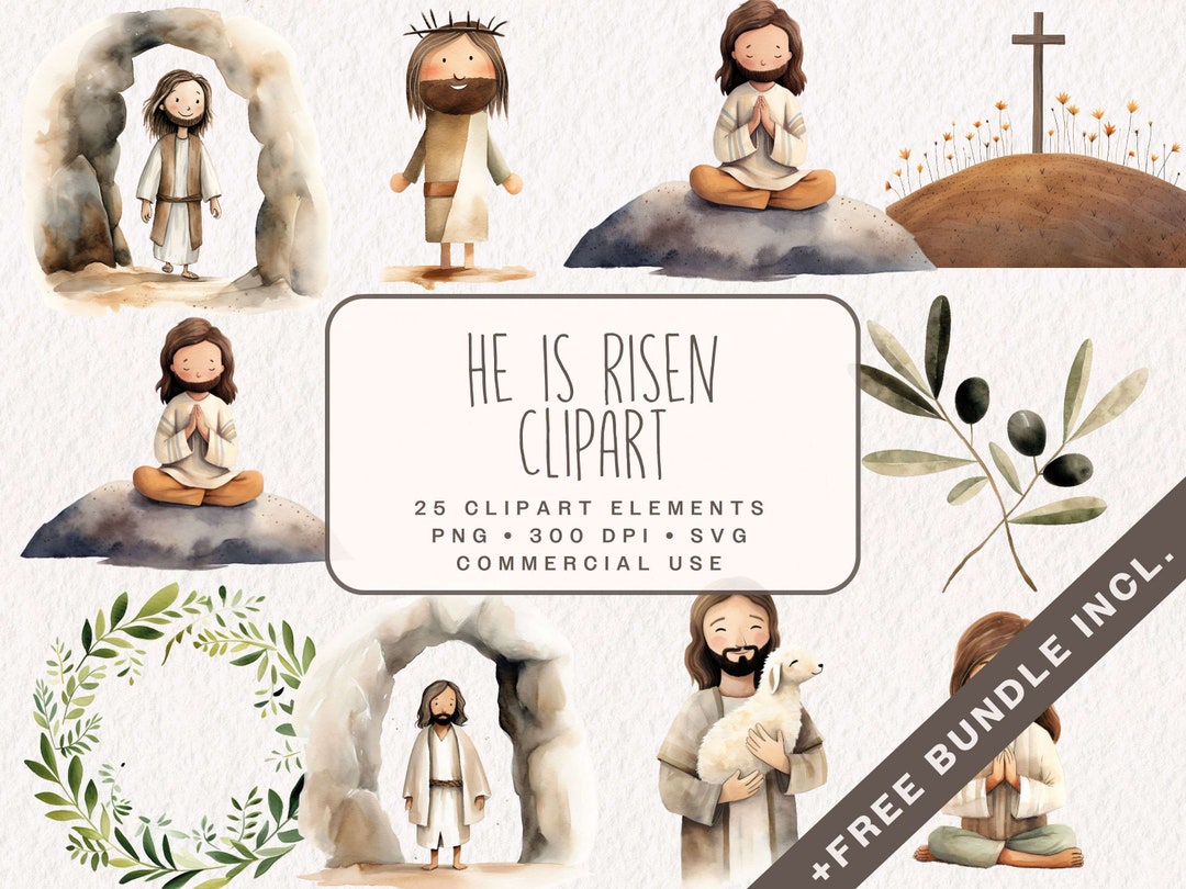Cute Easter Jesus Clipart, Watercolor He is Risen Easter Story ...