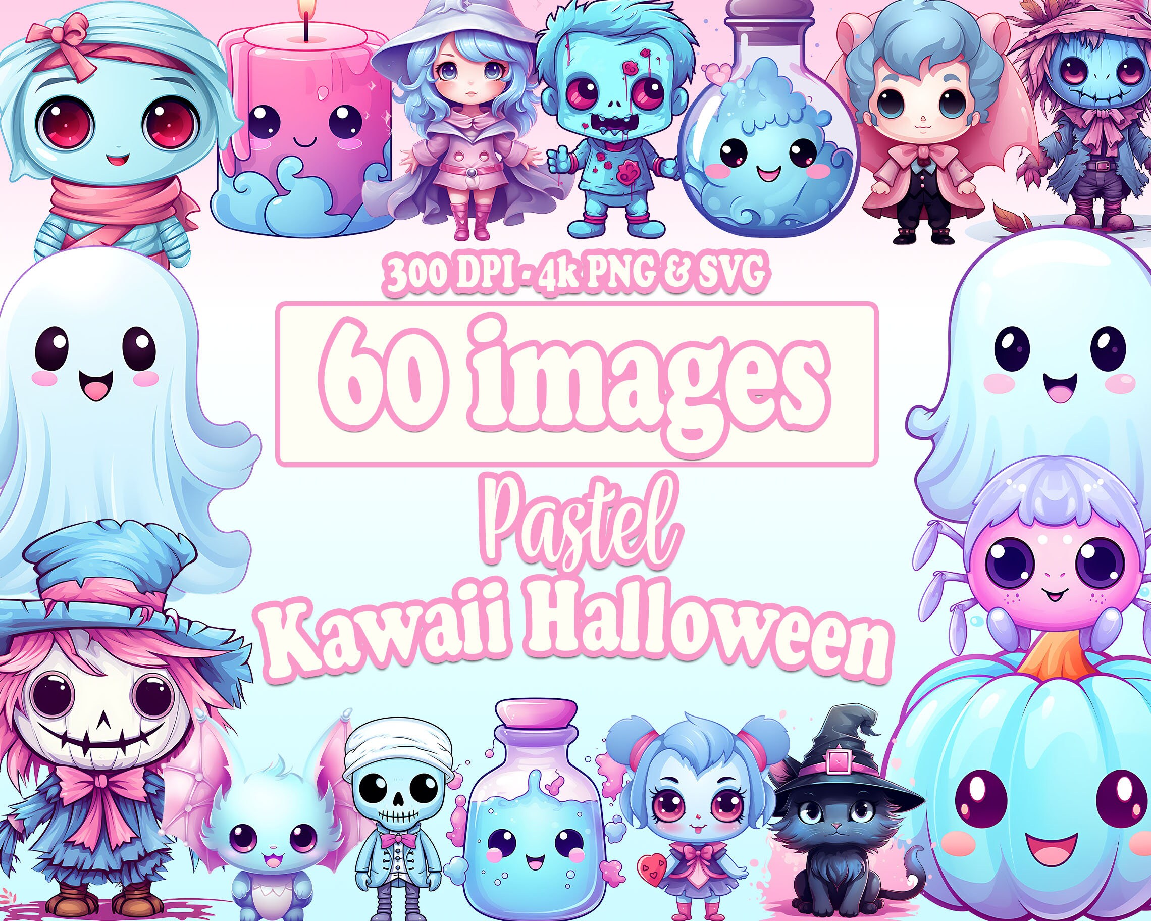 Halloween Cute Kawaii Clipart 60 Pastel Cartoon Clip Art - Etsy