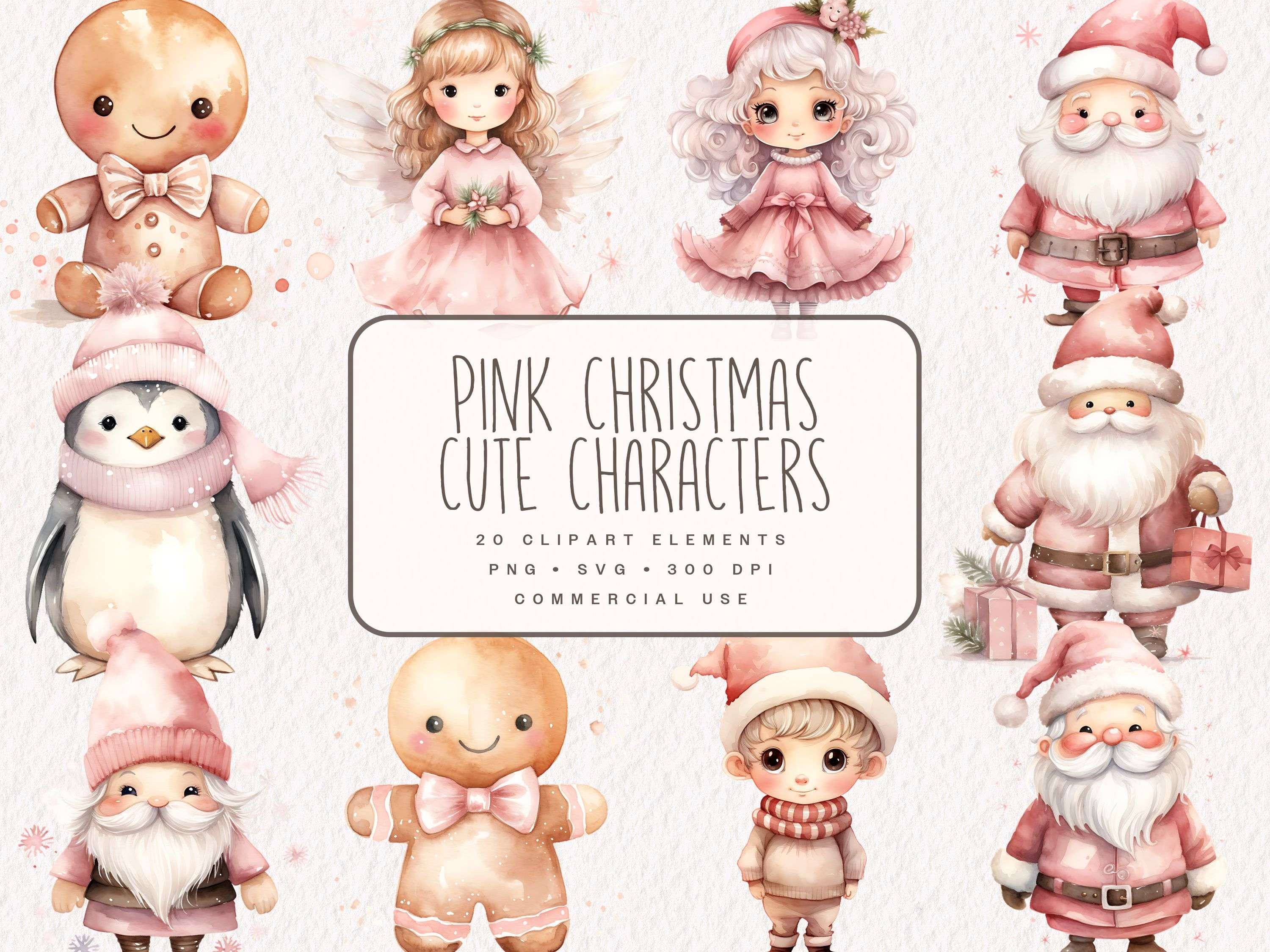 Christmas Cute Characters Clipart, Pink Watercolor Xmas Clip Art SVG ...