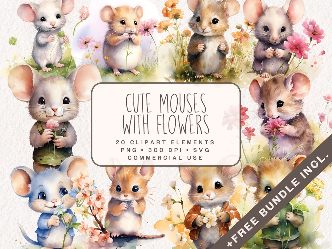 Floral Cute Mouses Clipart, Mouse With Spring Flower Illustrations in ...