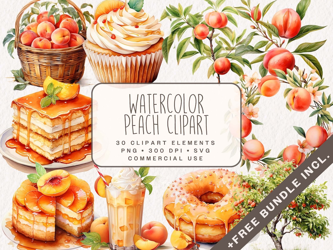 Watercolor Peach Clipart Bundle, Cute Food Graphics in PNG and SVG ...