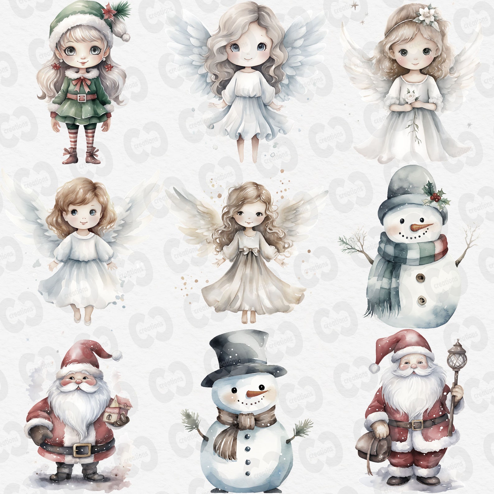 Cute Christmas Characters Clipart, Watercolor Xmas Clip Art PNG Bundle ...