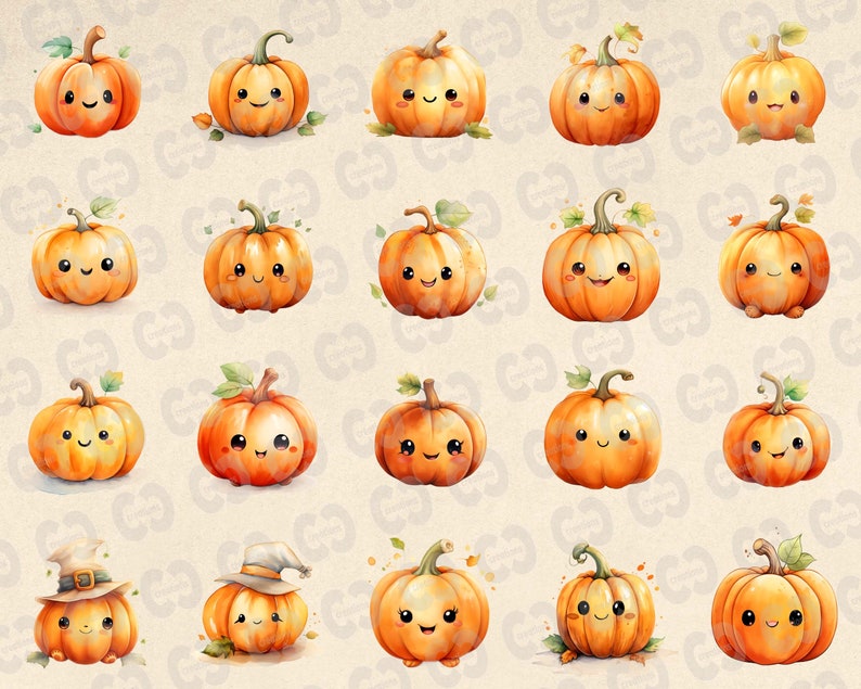 Autumn Cute Pumpkin Clipart Bundle, Watercolor Fall Pumpkin Clip Art ...