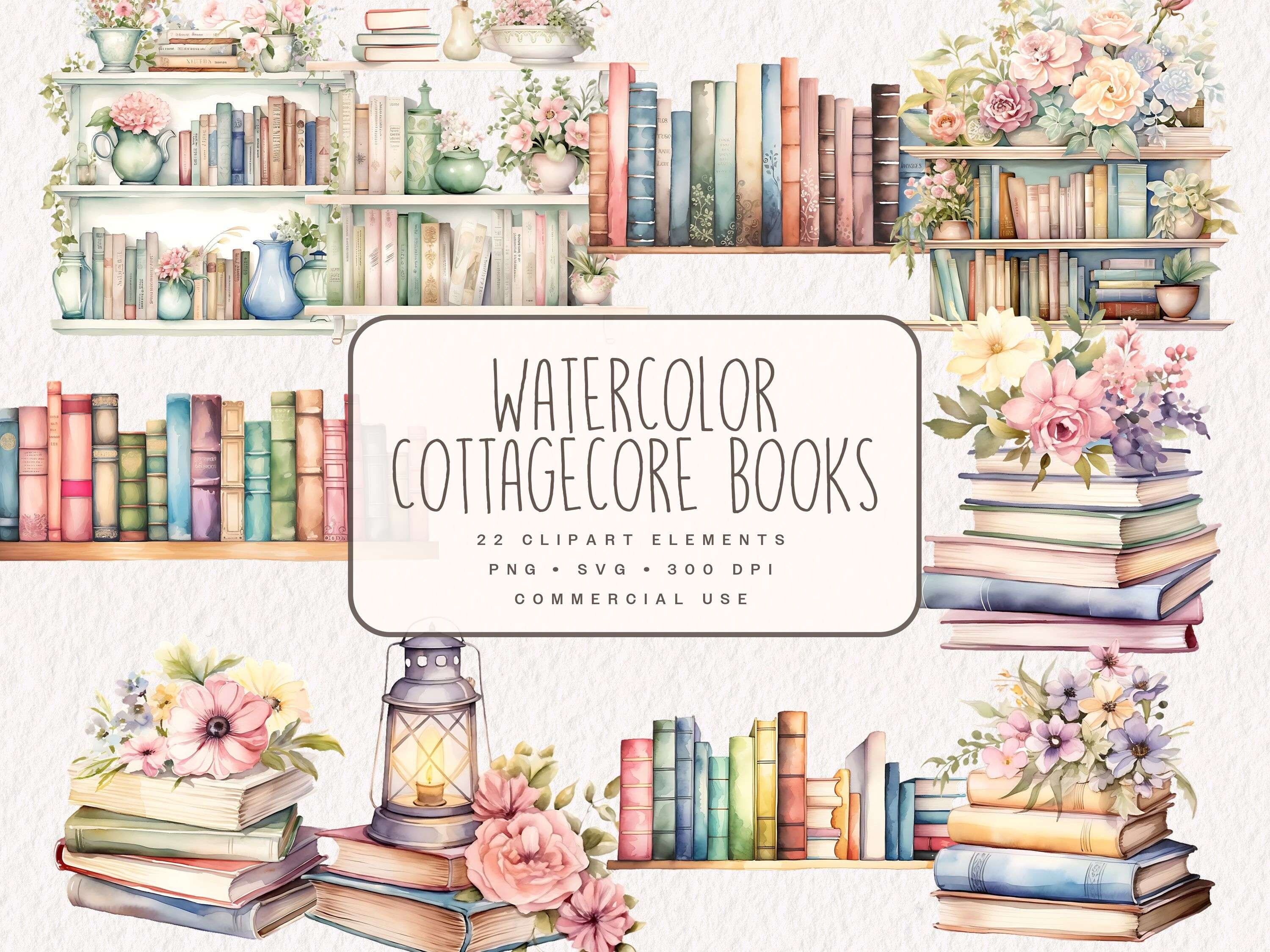 Watercolor Cottagecore Books Clipart, Pastel Book Graphics, Antique ...