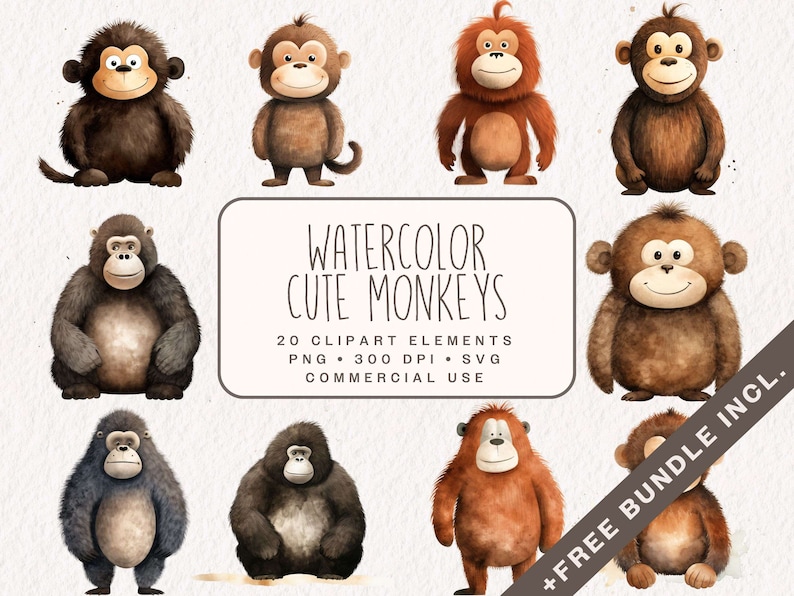 Watercolor Cute Monkeys Clipart Bundle Safari Monkey Graphics - Etsy