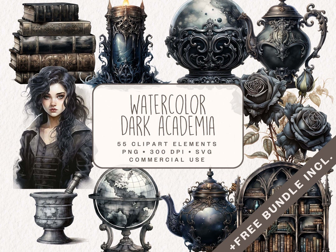 Watercolor Dark Academia Clipart Bundle, Floral Gothic Graphics in PNG ...