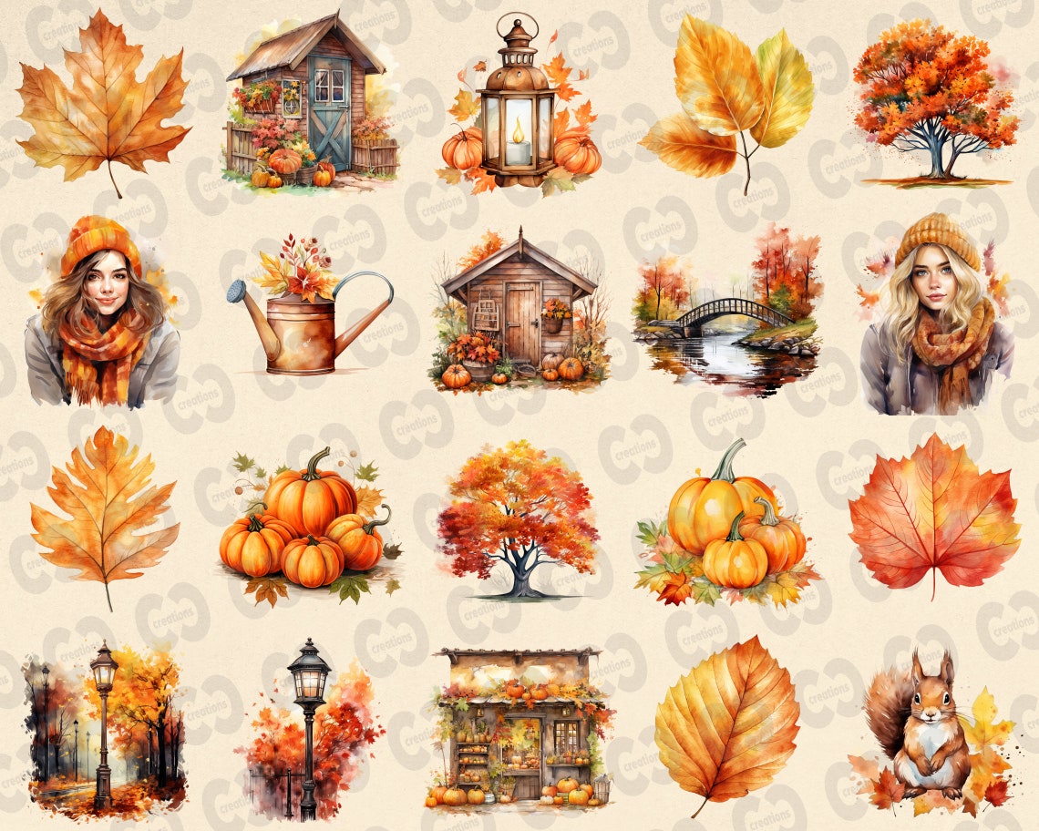 Watercolor Autumn Clipart Bundle 100 Autumn Illustrations PNG - Etsy
