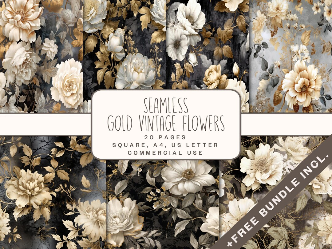Seamless Gold Vintage Flowers Digital Paper, Floral Junk Journal Pages ...