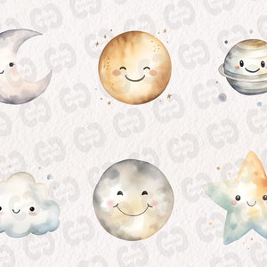 Watercolor Cute Space Clipart Bundle, Happy Sun Spaceship Outerspace ...