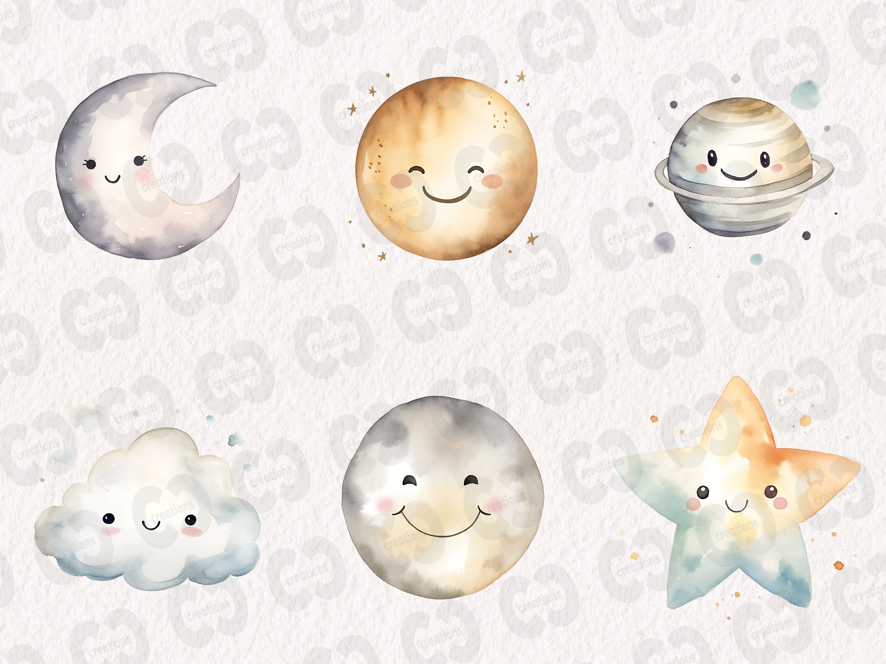 Watercolor Cute Space Clipart Bundle, Happy Sun Spaceship Outerspace ...
