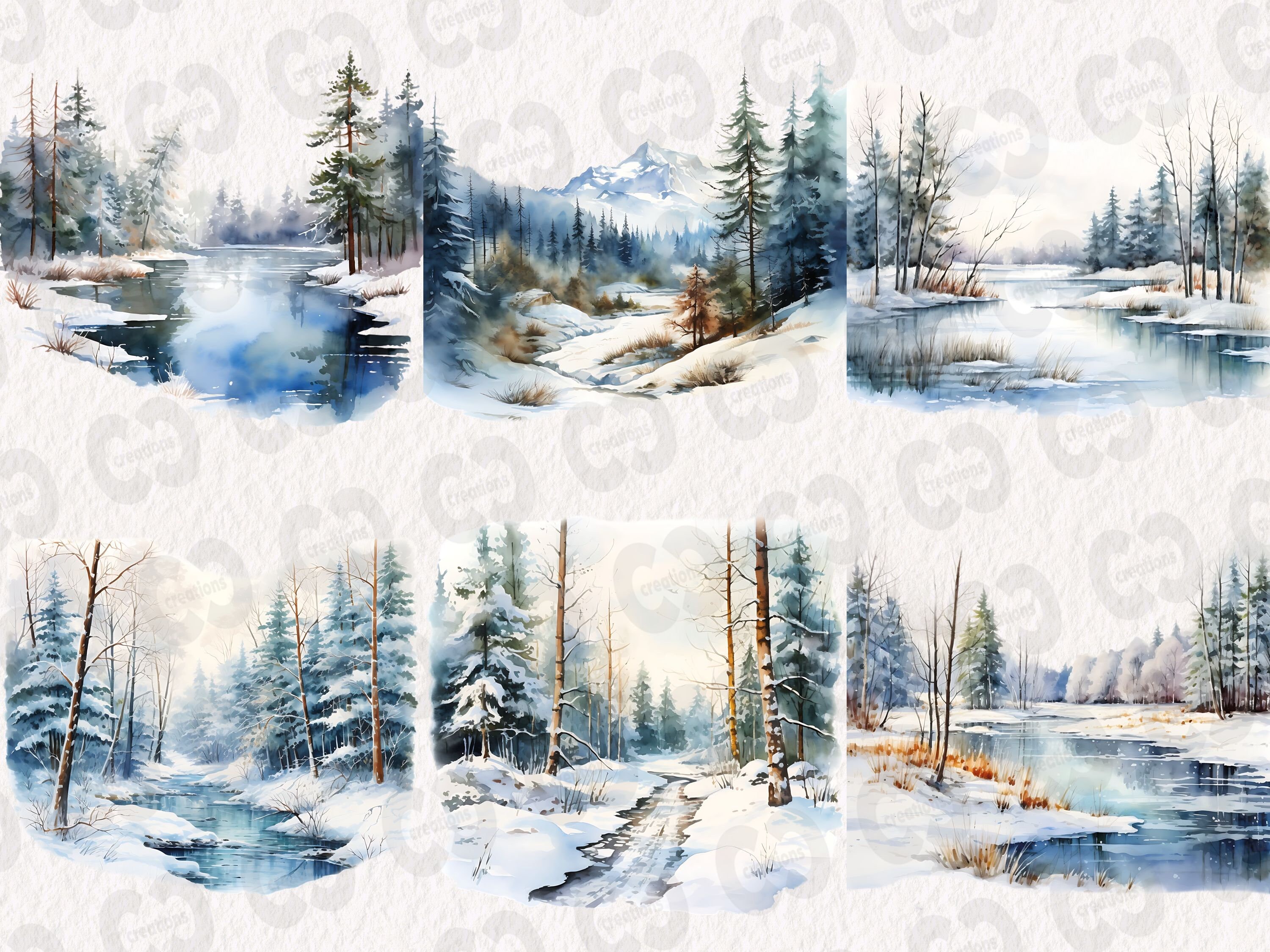 Watercolor Winter Forest Clipart, Beatiful Landscape Scenery ...